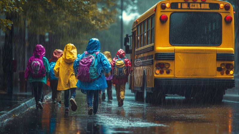 Children Walking in the Rain Toward a School Bus Stock Illustration ...
