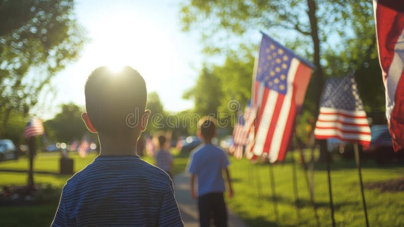 Children Walking Towards American Flags at Sunset Stock Illustration ...