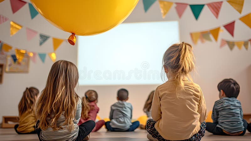 Children Watching a Blank Screen in a Decorated Classroom Stock Photo ...