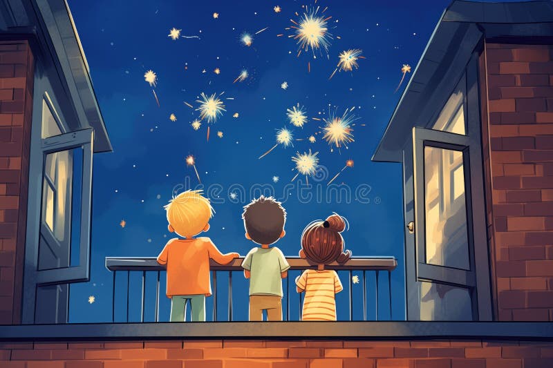 Children Watching Fireworks from the Balcony of a Building Stock Photo ...