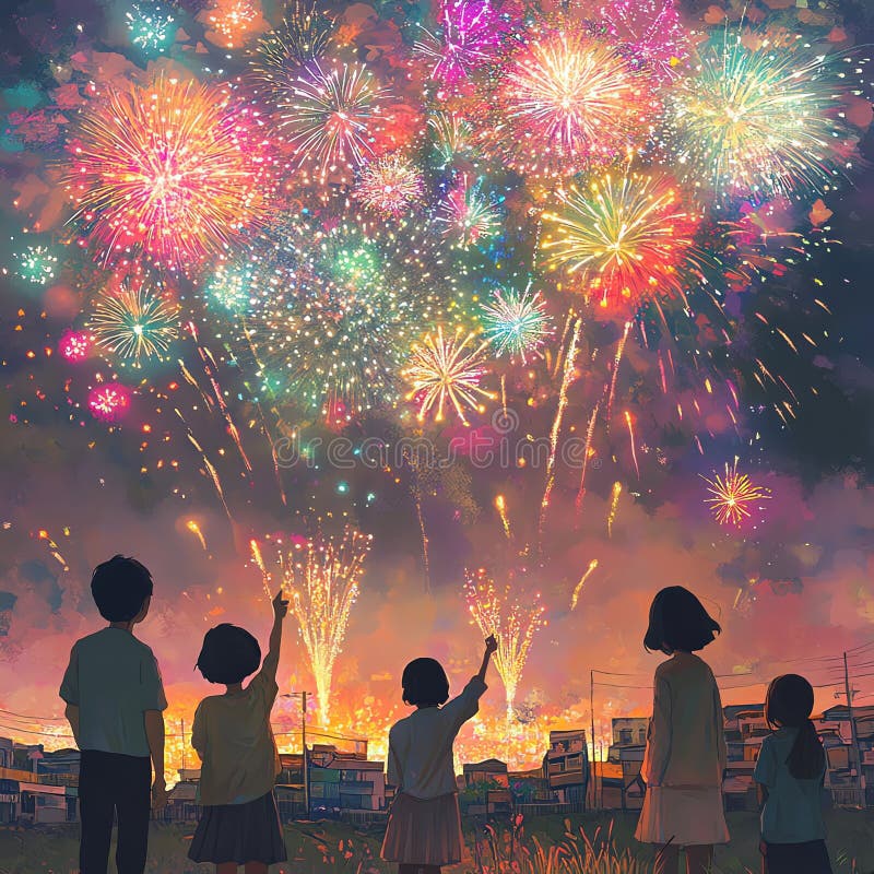 Children Watching Fireworks Light Up the Night Sky in a Beautiful ...