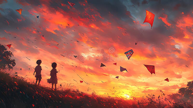 Children Watching Kites Fly Sunset Field Illustration Stock ...