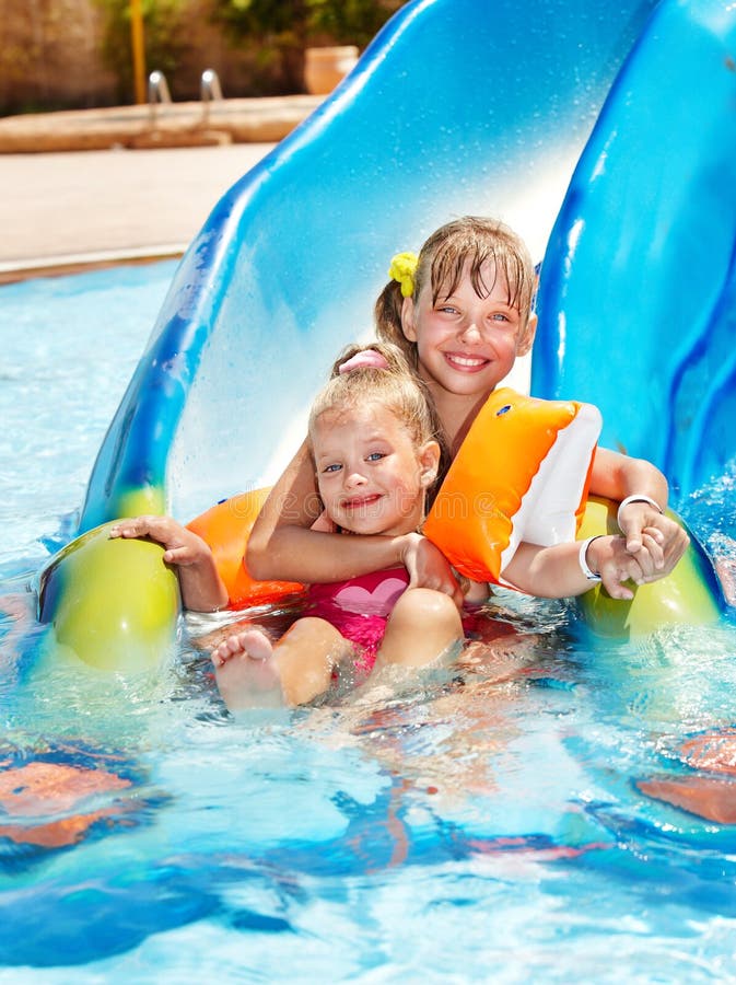 Children on Water Slide at Aquapark. Stock Image - Image of activity ...