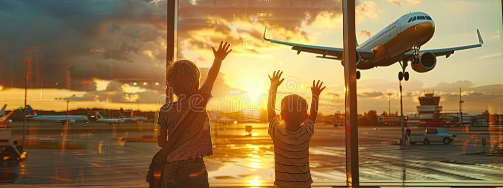 Children are Waving at the Plane. Selective Focus Stock Image - Image ...