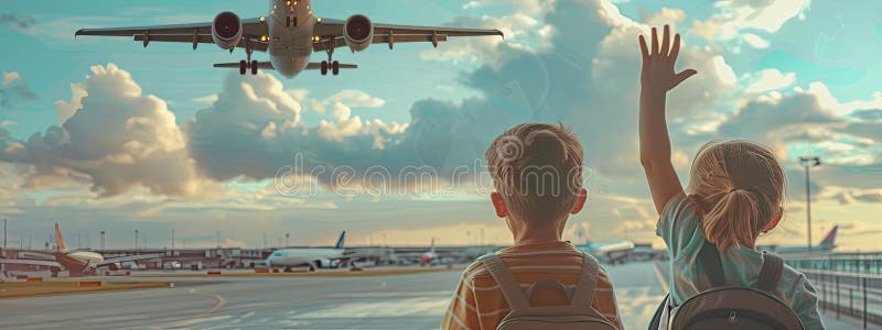 Children are Waving at the Plane. Selective Focus Stock Image - Image ...
