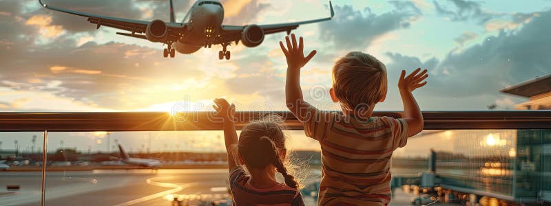 Children are Waving at the Plane. Selective Focus Stock Photo - Image ...