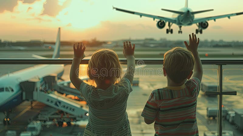 Children are Waving at the Plane. Selective Focus Stock Image - Image ...