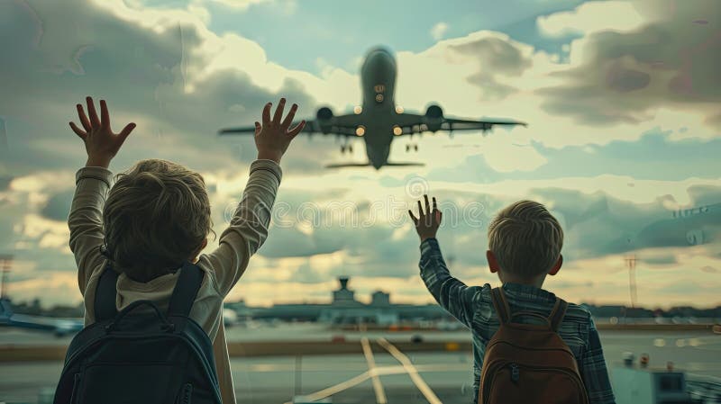 Children are Waving at the Plane. Selective Focus Stock Image - Image ...