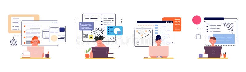 Children Web Development. Cute Little Kids with Computer and Laptop ...