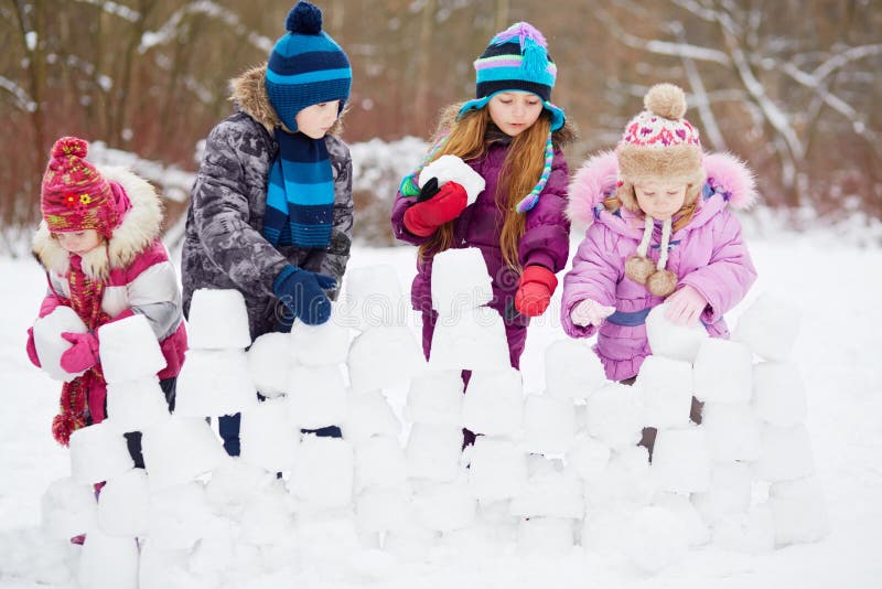 Children Work at Building Wall from Snow Blocks Stock Photo - Image of ...