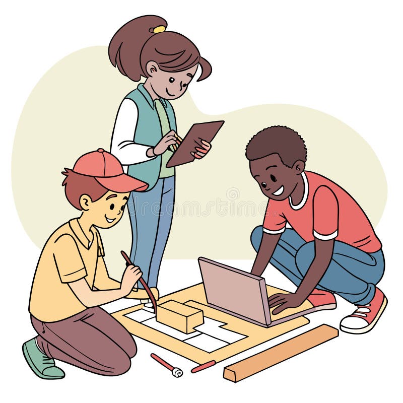 Children Work on a Project with a Laptop and Blueprints Stock Vector ...