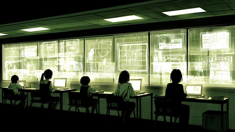Children Working on Computers in a Dark Classroom Environment Stock ...