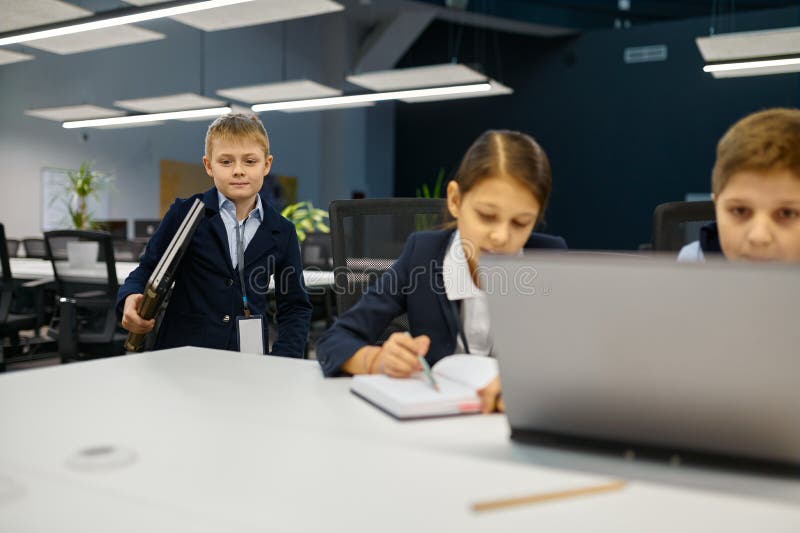 Children Working on Laptop in Modern Office Stock Photo - Image of ...