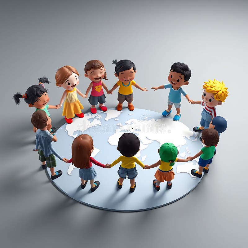 Children of the World Standing on a Map of the Earth Holding Hands ...
