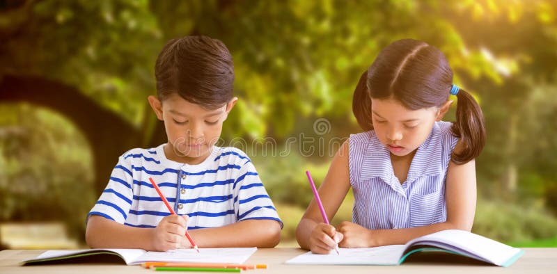 Composite Image of Children Writing on Books at Table Stock Image ...