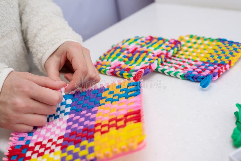 Childrens Creativity Weaving with Colored Threads Ropes Stock Photo ...