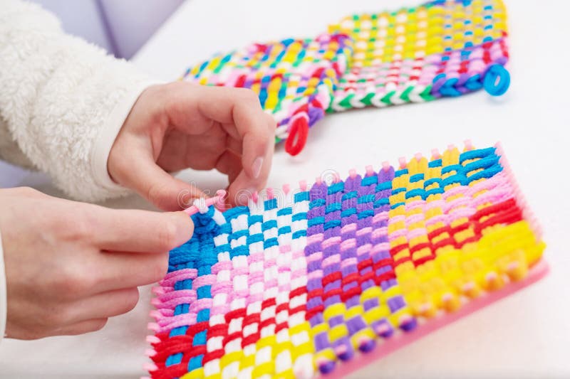 Childrens Creativity Weaving with Colored Threads Ropes Stock Image ...