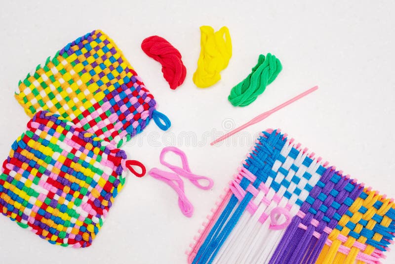 Childrens Creativity Weaving with Colored Threads Ropes Stock Photo ...