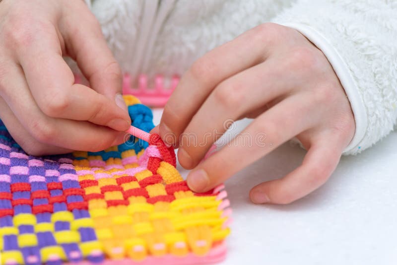 Childrens Creativity Weaving with Colored Threads Ropes Stock Photo ...