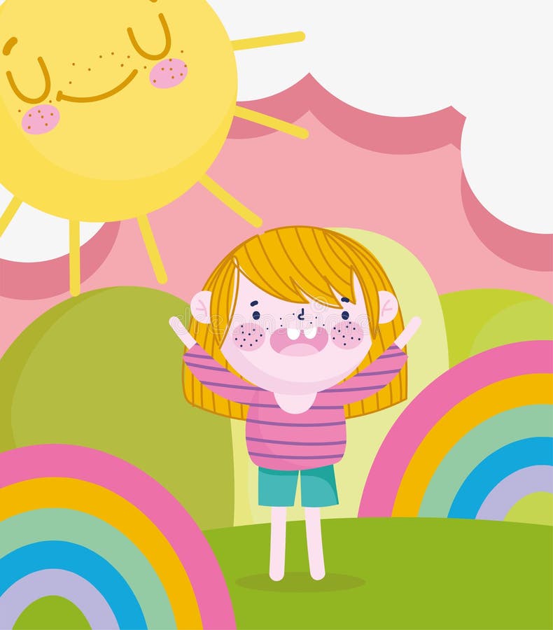 Childrens Day, Cartoon Boy in the Magic Scene with Rainbows and Sun ...