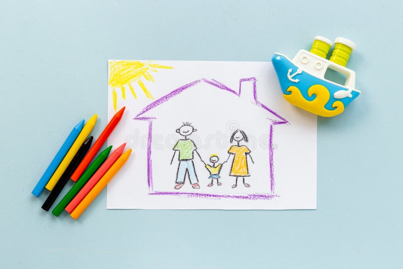 Childrens Drawing of Happy Family with Colored Pencils Stock Photo ...