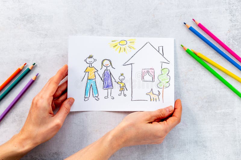 Childrens Drawing of Happy Family with Colored Pencils Stock Image ...