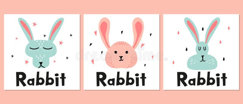 Childrens Hand Drawn Set Poster with Rabbits. Rabbit Posters for the ...