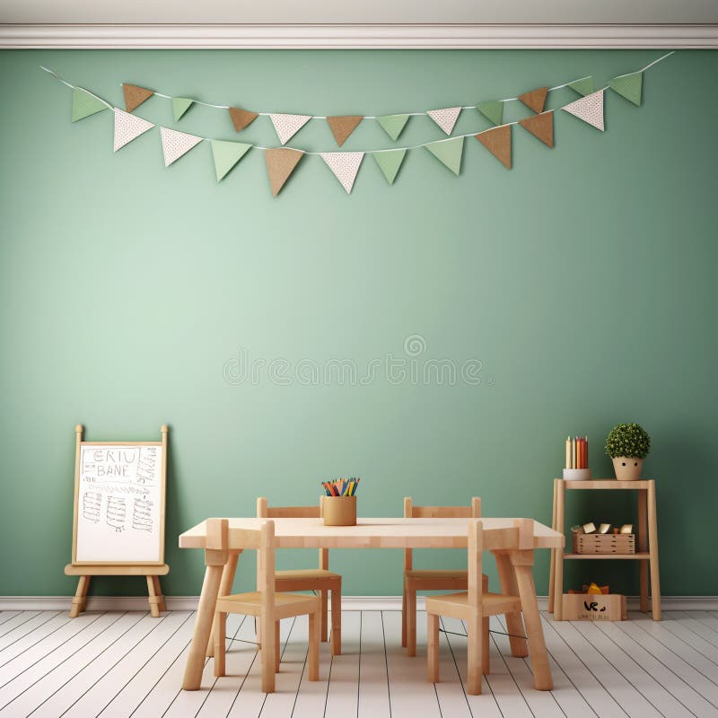 Childrens Kindergarten Classroom with a Small Kids Table and Chairs, AI ...