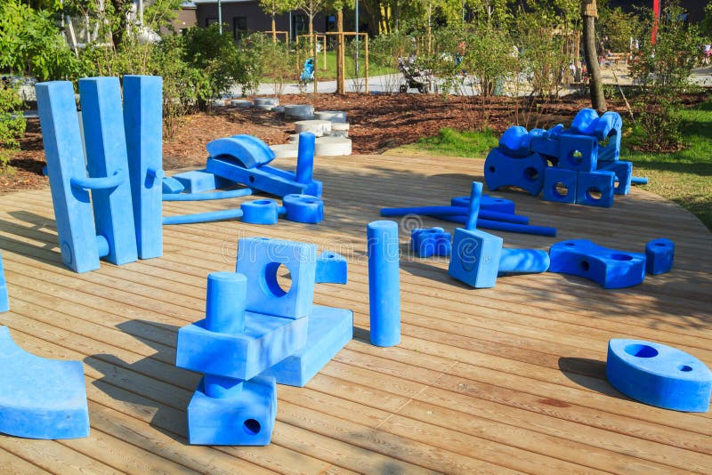 Childrens Playground in Park with Blue Giant Geometric Figures F Stock ...