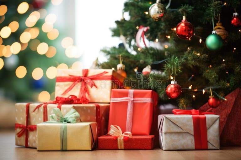 Childrens Present Stack Near a Decorated Christmas Tree Stock Photo ...
