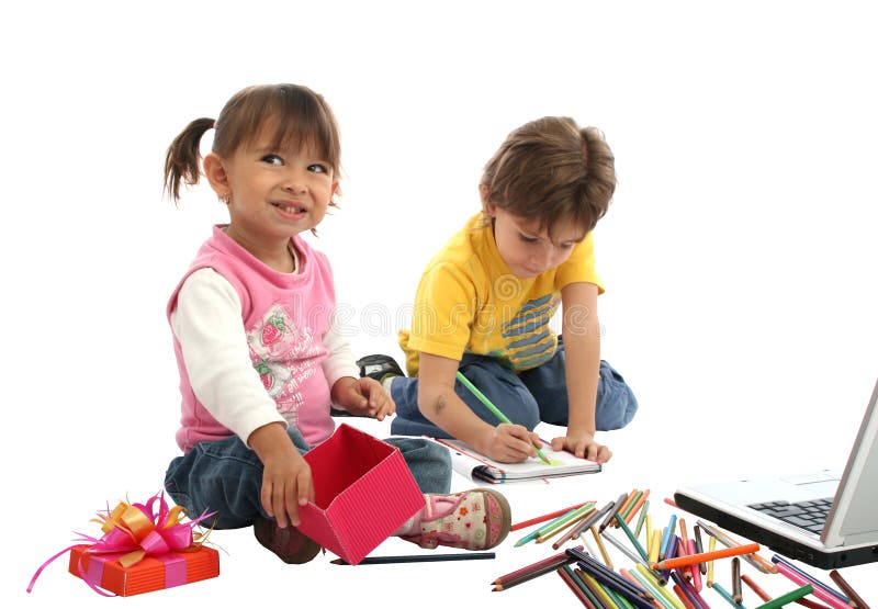 Childrens Students with Crayons and Computer Stock Image - Image of ...