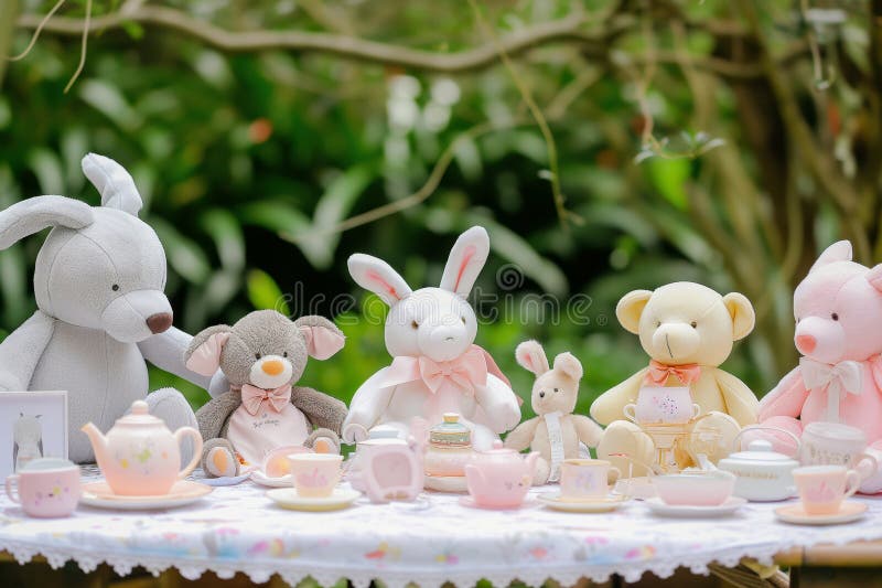 Childrens Tea Party Setup with Stuffed Animals Stock Photo - Image of ...
