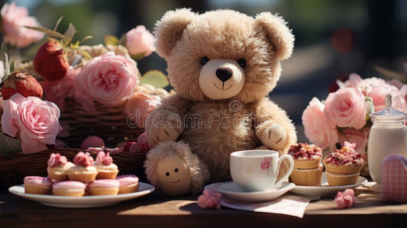 Childrens Teddy Bear with a Cake and a Cup of Tea Creative. Generative ...