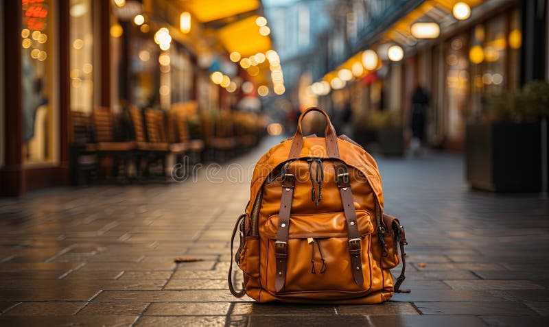 Childs Backpack Outside Building Stock Photo - Image of fashion, school ...