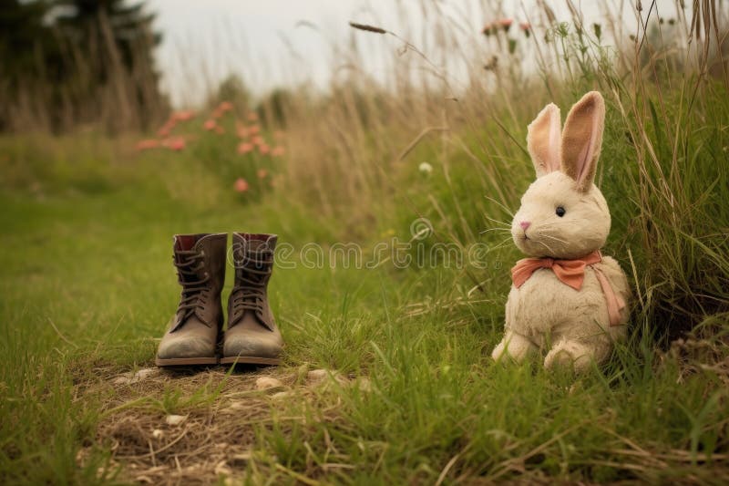 Childs Boots and Plush Bunny on a Grassy Field Stock Illustration ...