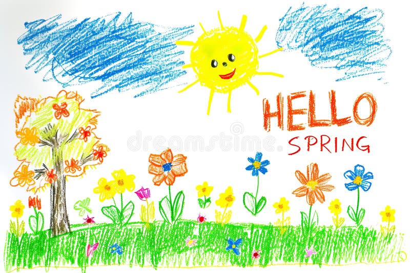 Childs Bright Spring Drawing of Flowers, Sun, Tree and Text Hello ...