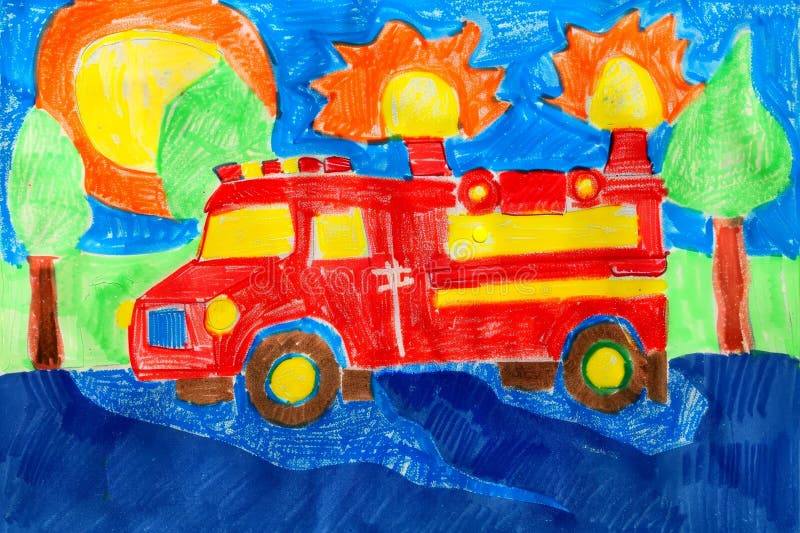 A Childs Crayon Painting of a Fire Engine Stock Illustration ...