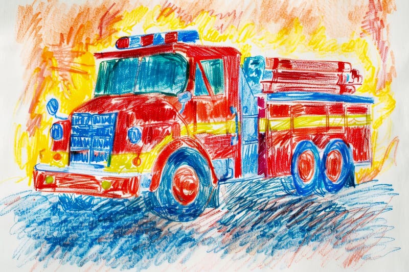 A Childs Crayon Painting of a Fire Engine Stock Illustration ...