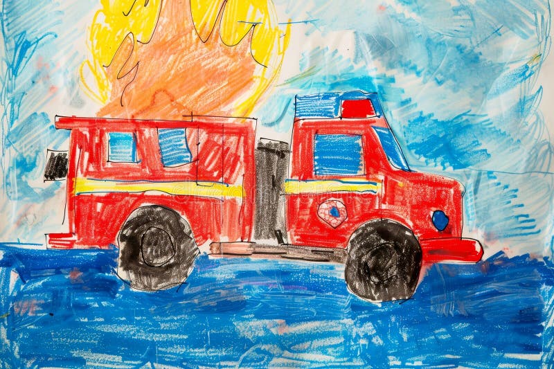 A Childs Crayon Painting of a Fire Engine Stock Illustration ...