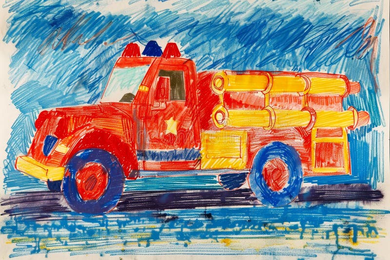 A Childs Crayon Painting of a Fire Engine Stock Illustration ...