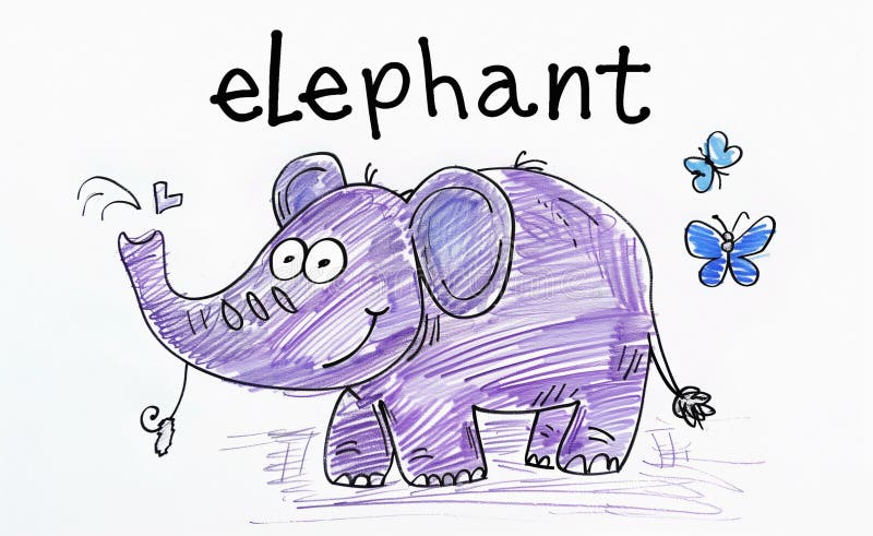 AI Generated. Childs Drawing of an Elephant and Butterfly with the Word ...
