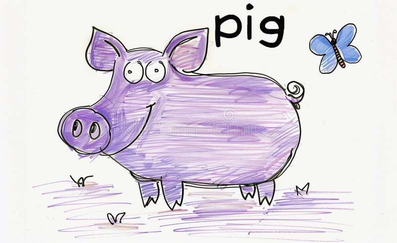 AI Generated. Childs Drawing of a Pig and Butterfly with the Word Pig ...