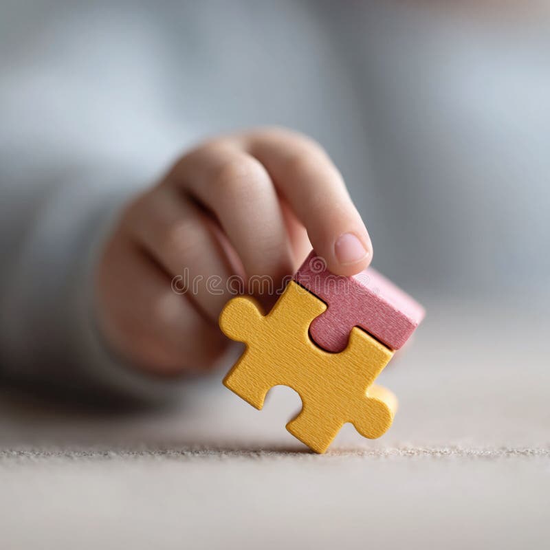 Childs Hand Holding Two Colorful Puzzle Pieces Connected, Symbolizing ...