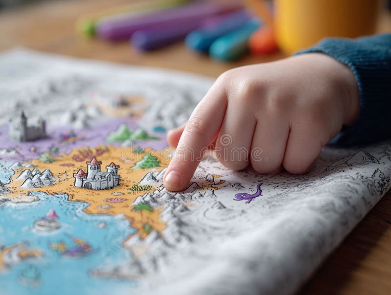 Childs Hand Points on a Whimsical Map with Castles and Dragons ...