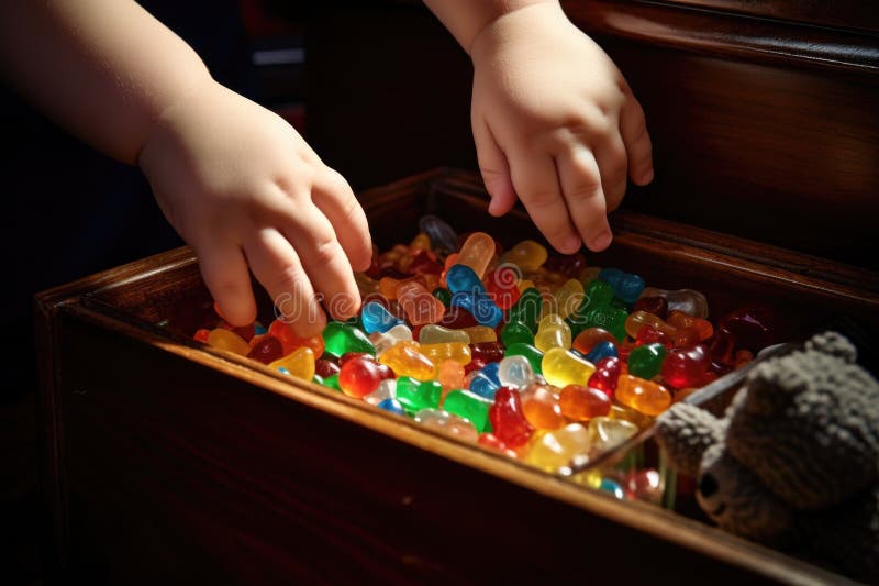 A Childs Hand Reaching into a Toy Box Full of Jelly Beans Stock ...