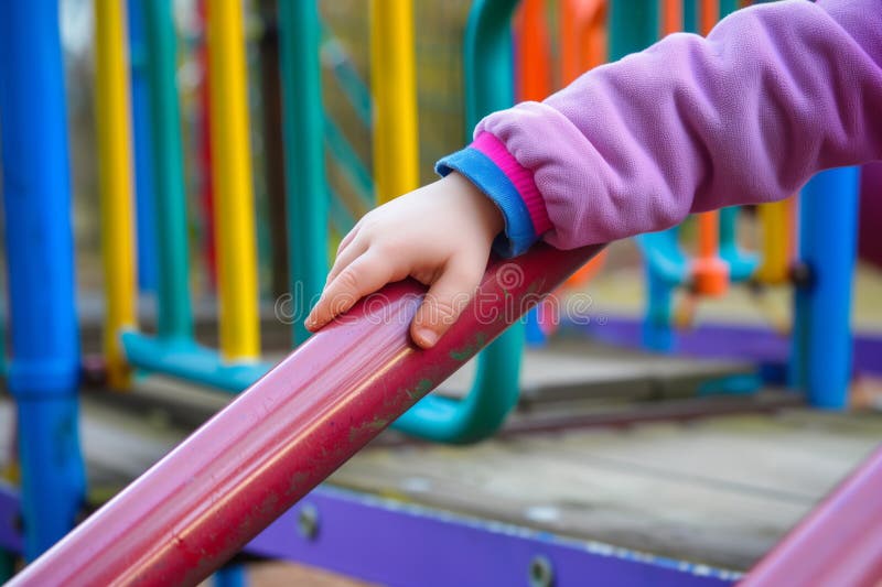 Childs Hand Sliding Down a Colorful Playground Handrail Stock ...