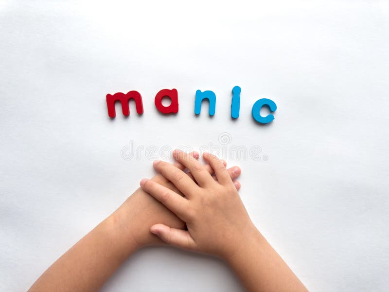 Childs Hands with Colorful Letters Manic on White Background Stock ...