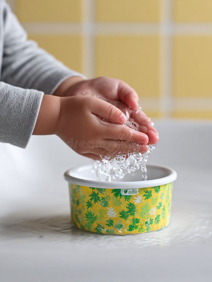 Childs Hands Cupping Clear Water, Playfully Pouring it into a Patterned ...