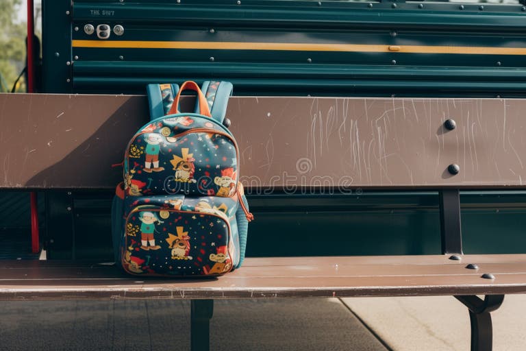 Childs Themed Backpack on a School Bus Bench Stock Photo - Image of ...
