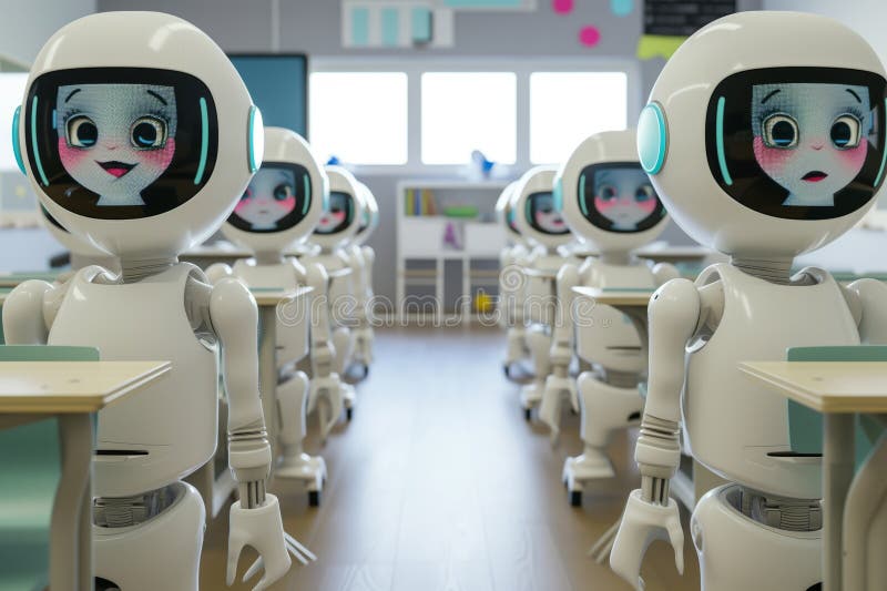 Childsized Robots with Animated Faces Facing in a Classroom Stock Photo ...
